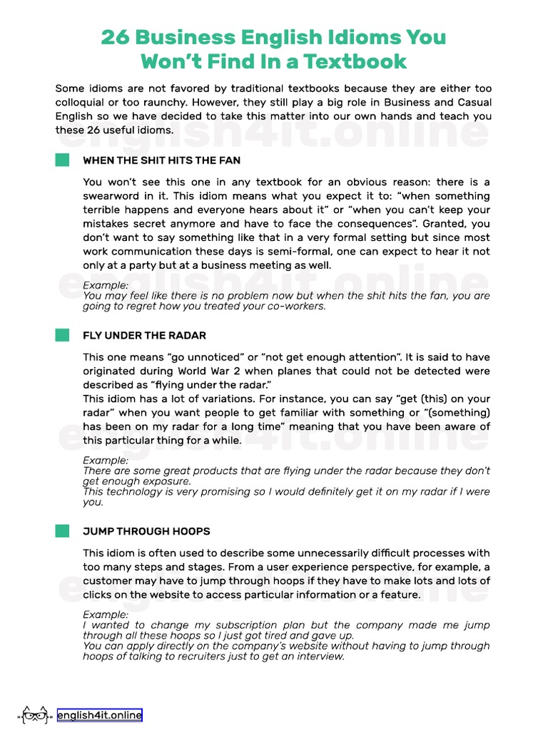 26 Business English Idioms You Won't Find in A Textbook | PDF | Startup ...