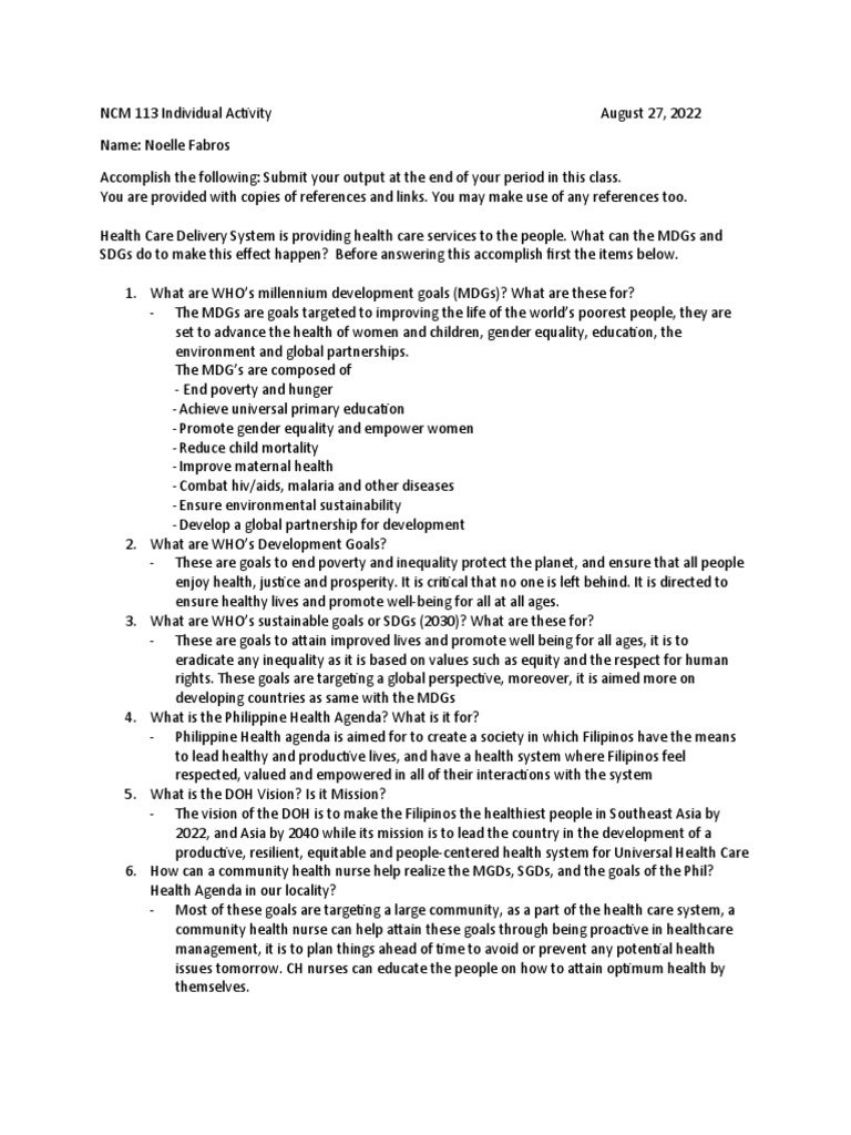 NCM 113 Individual Activity-August 27 | PDF | Millennium Development ...
