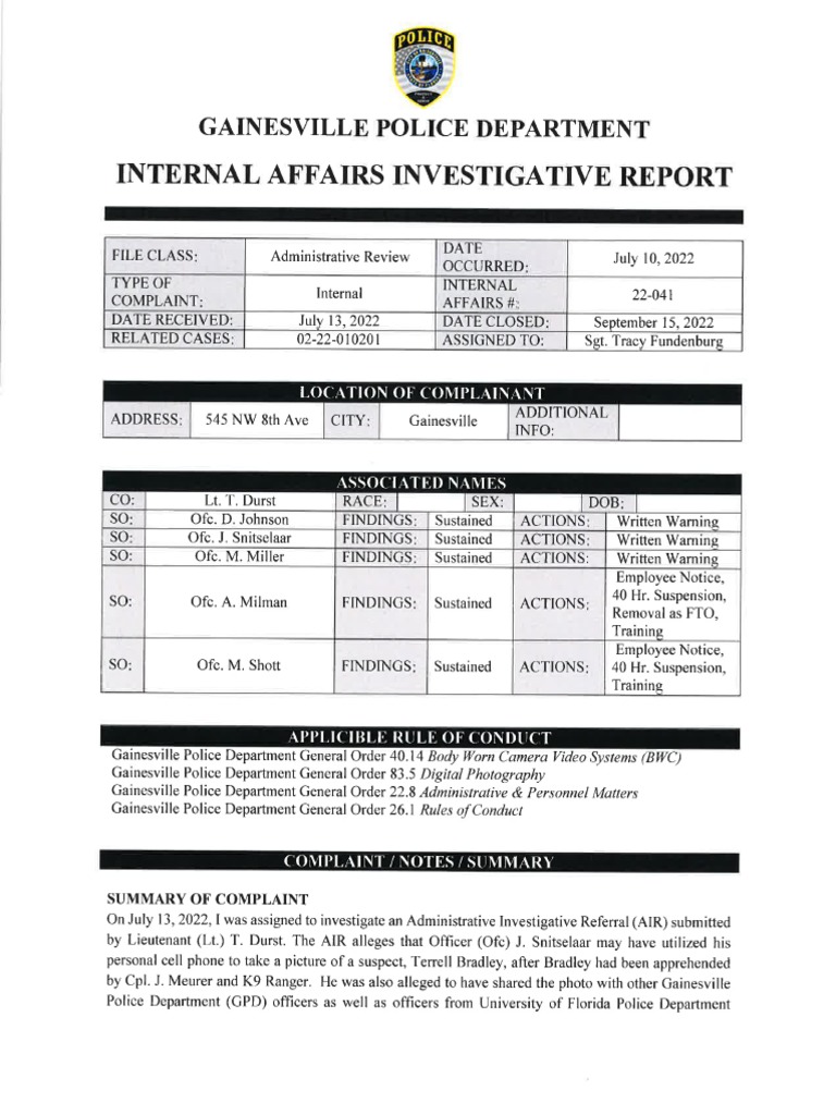 Gpd Internal Affairs Investigation Concluded 9 23 2022 Pdf
