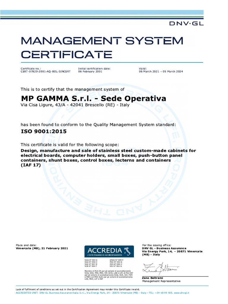 CERTIFICATO Productos Gamma - DNV-GL - MPGAMMA-EN | PDF