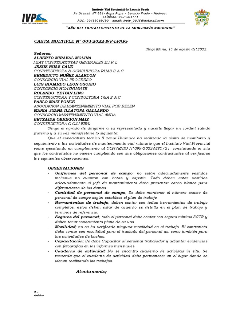 CARTA MULTIPLE #003-2022-NOTIFICACION CONTRATISTAS - OBSERVACIONES Okok | PDF