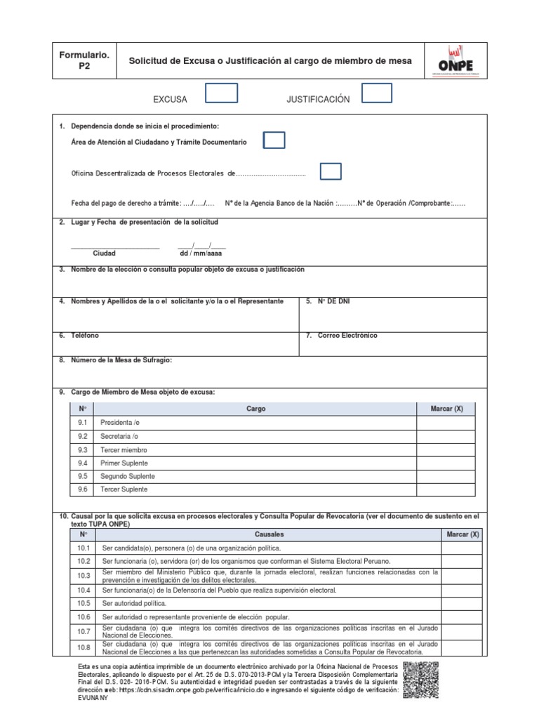 Formulario P2 - Excusa o Justificación | PDF | Corrupción política | Gobierno