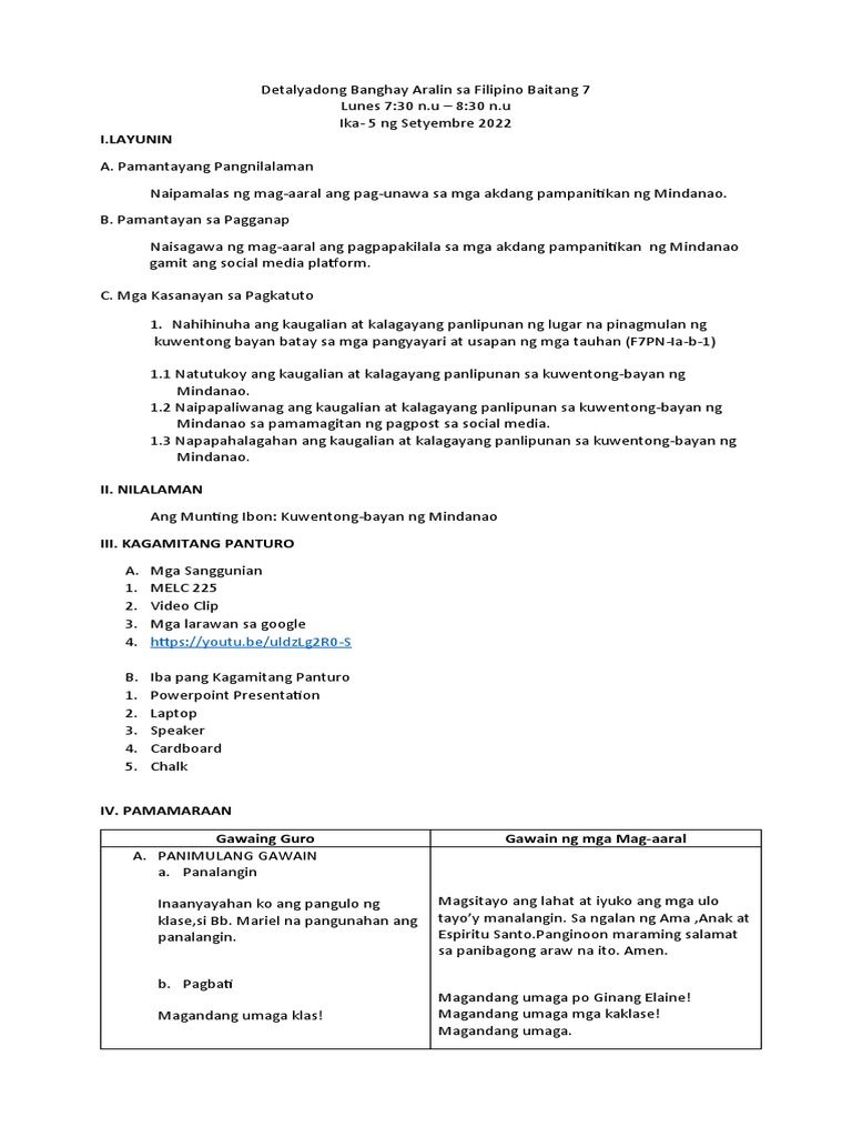Detalyadong Banghay Aralin Sa Filipino 7 | PDF