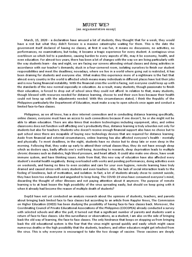 Argumentative Essay (Yasmin Claire T. Navarro) | PDF | Distance ...