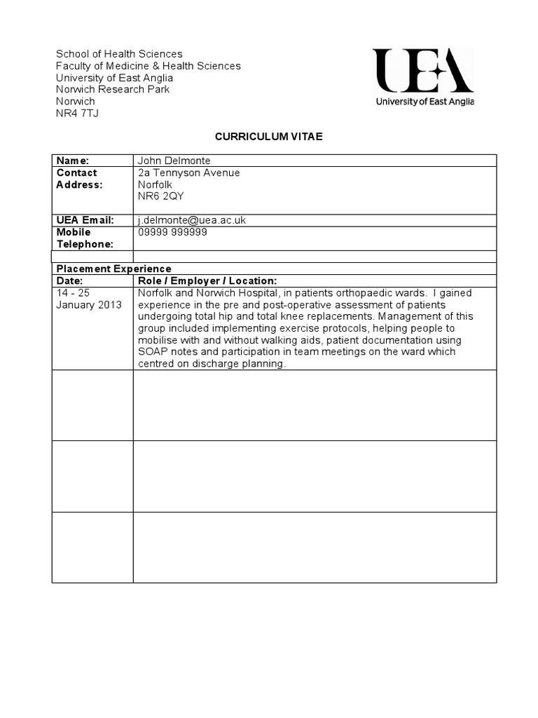 CV - Example PT | PDF | Physical Therapy | Health Care