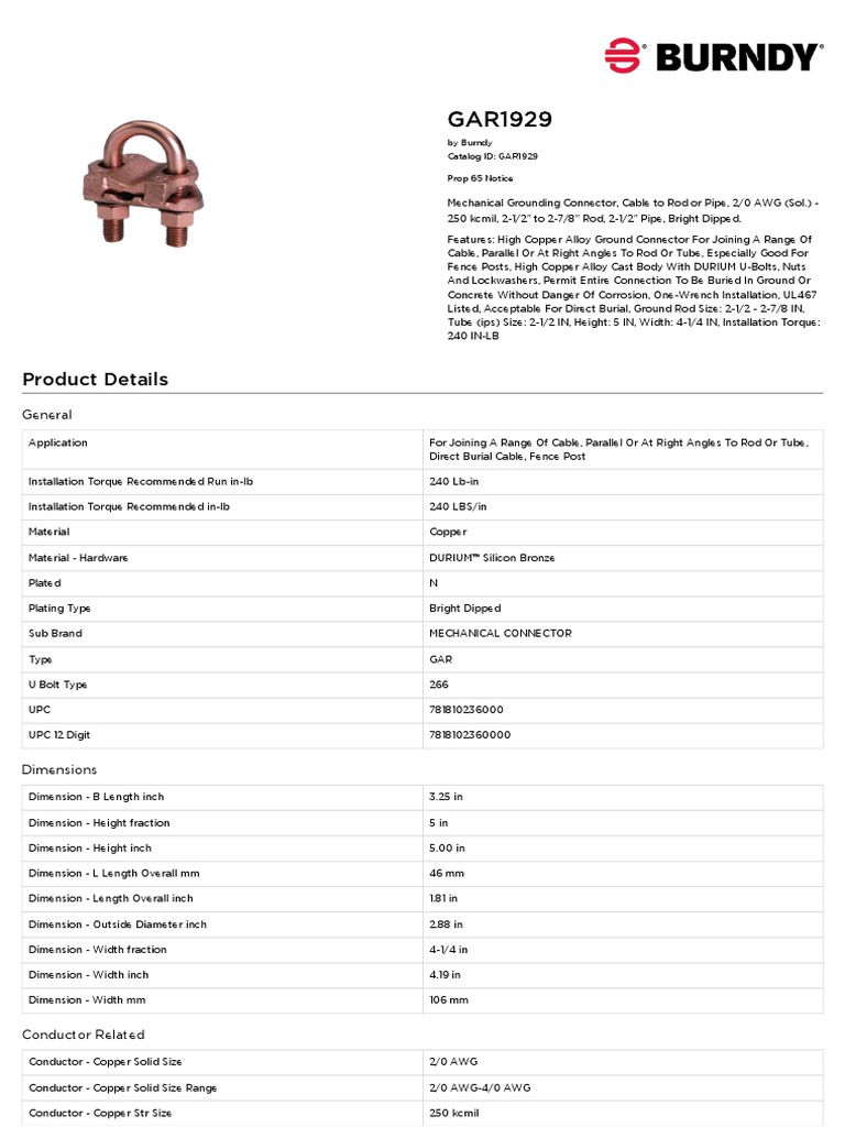 BURNDY GAR1929 Specsheet | PDF | Pipe (Fluid Conveyance) | Materials