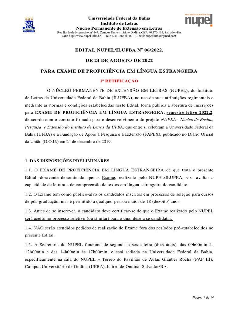 Edital Nupel 06-2022 - Exames de Proficiencia - 1a Retificacao | PDF ...