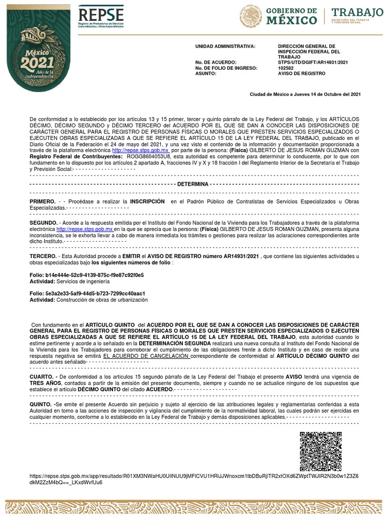 Formato 20 Aviso de Registro Leyenda Infonavit | PDF | Gobierno | Justicia