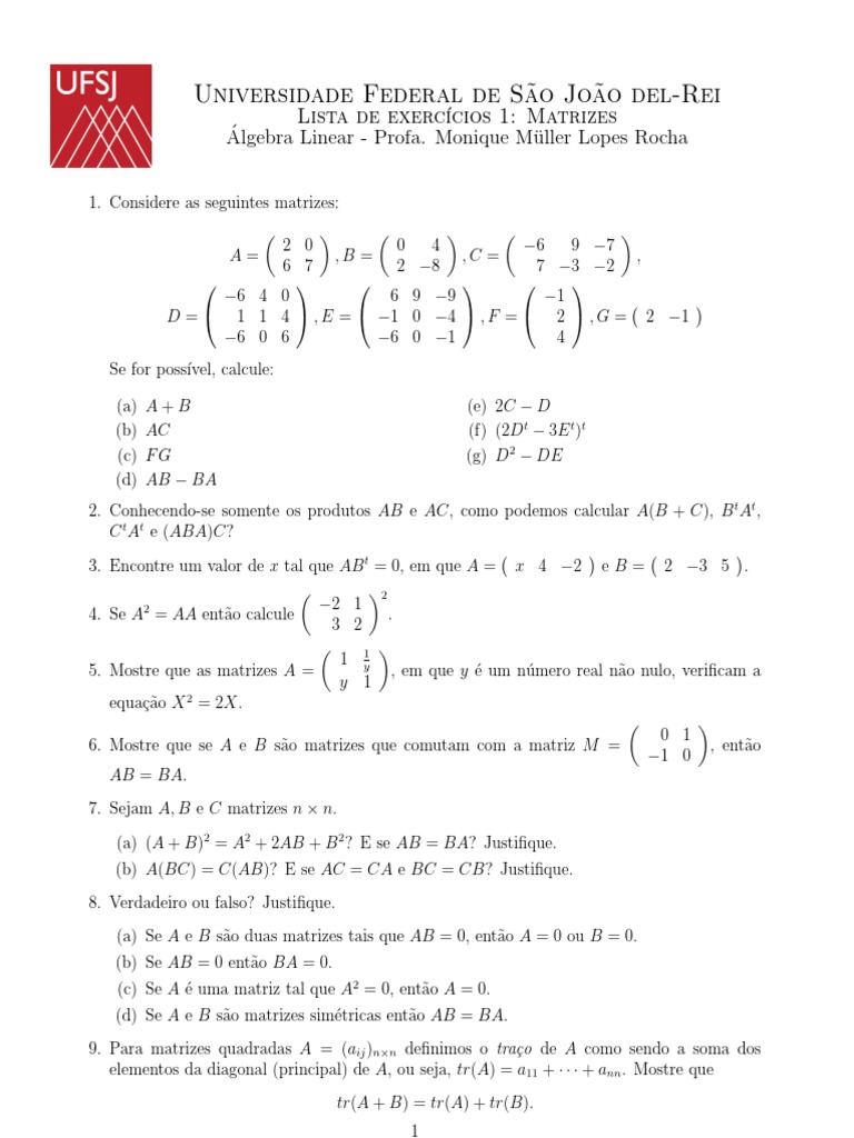 Lista - 1 (ALGEBRA LINEAR) | PDF | Matriz (Matemática) | Álgebra