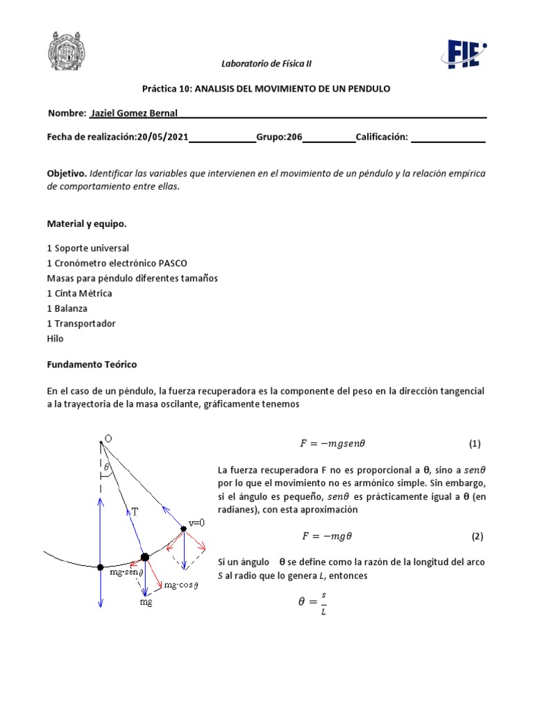 Pract 10 Labfis | PDF | Péndulo | Fuerza