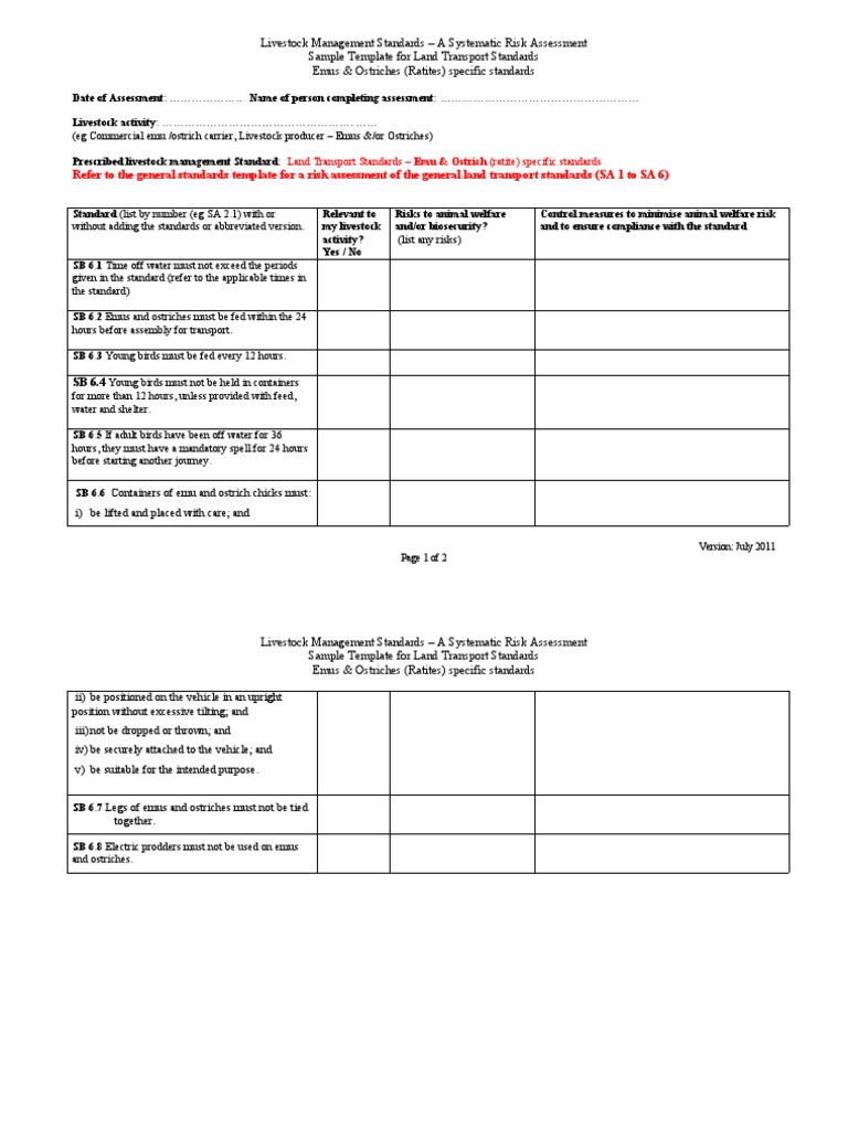 Systematic Risk Assessment Sample Template Land Transport Standards ...