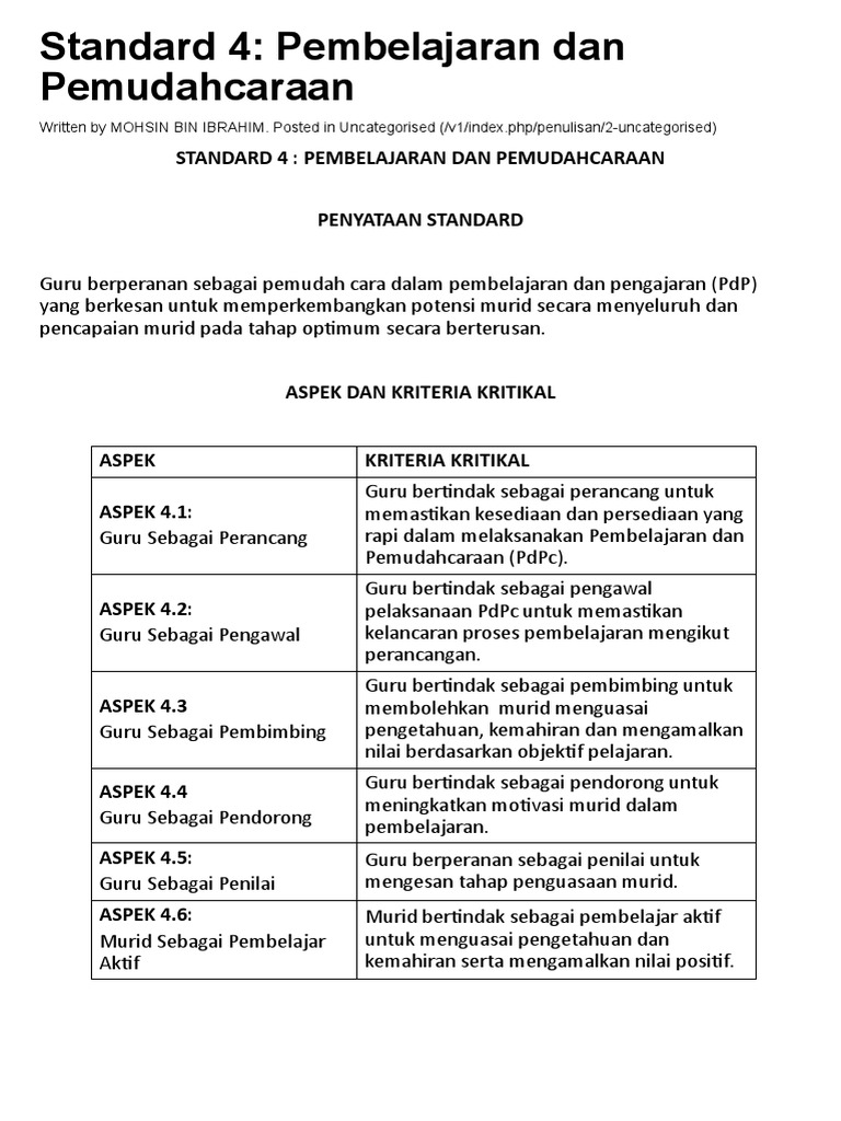 Standard 4 Pembelajaran Dan Pemudahcaraan Pdf