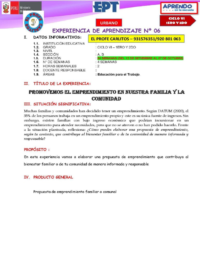 Experiencia de Aprendizaje N°06 - Ciclo Vi - 1ero y 2do - Ept - 2022 - 00001 | PDF