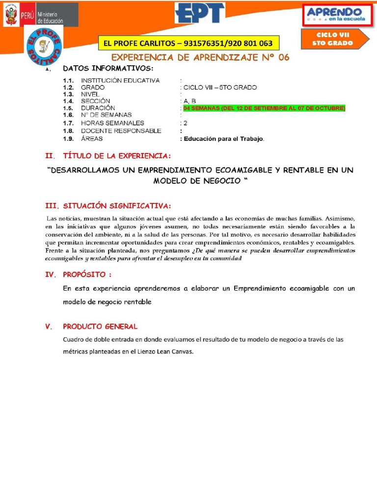 Experiencia de Aprendizaje N°06 - Ciclo Vii - 5to Grado - Ept - 2022 - 00001 | PDF