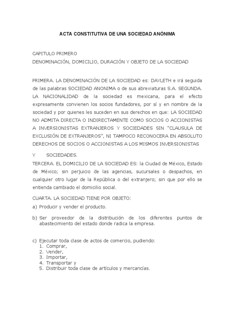 Acta Constitutiva de Una Sociedad Anonima | PDF | Sociedad de responsabilidad limitada | Business