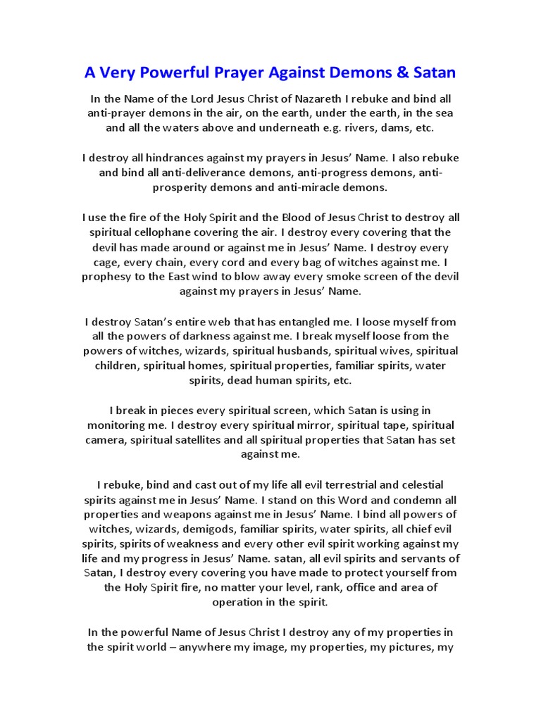 A Very Powerful Prayer Against Demons and Satan | PDF | Satan | Demons