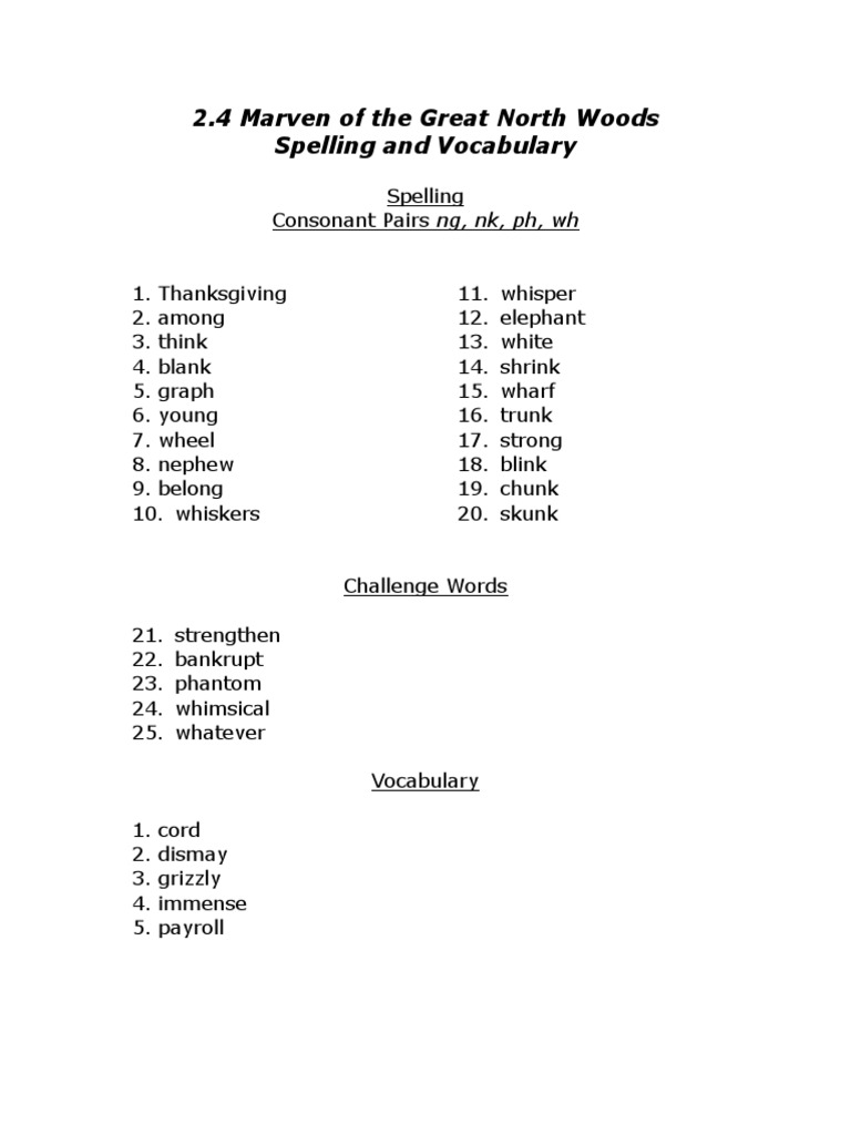 Spelling & Vocabulary: Marven of the Great North Woods | PDF | Language ...