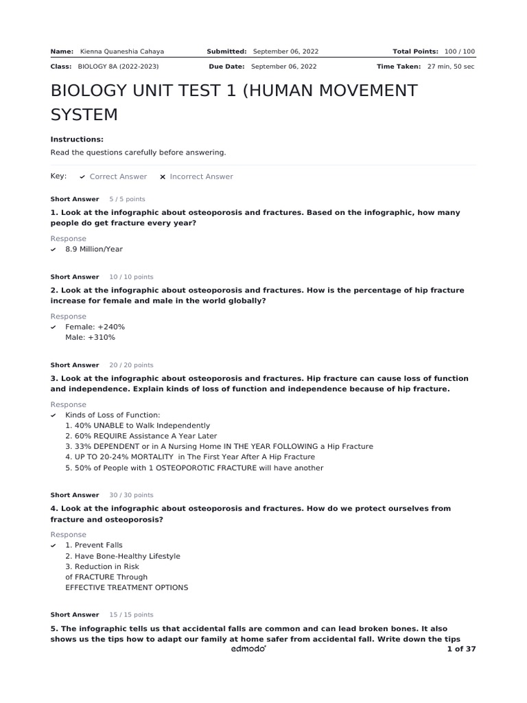 8a Biology Unit Test 1 (Human Movement System | PDF | Osteoporosis ...