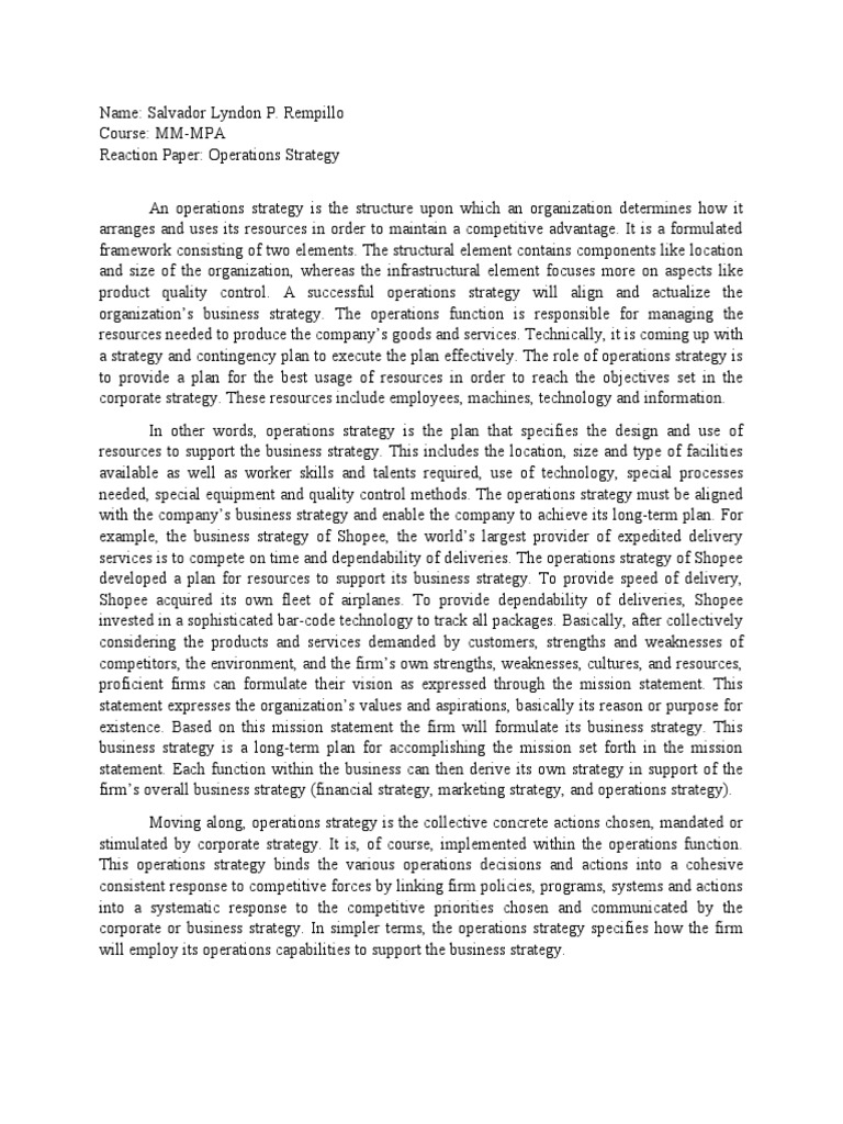 Reaction Paper Operations Strategy | PDF | Strategic Management | Resource