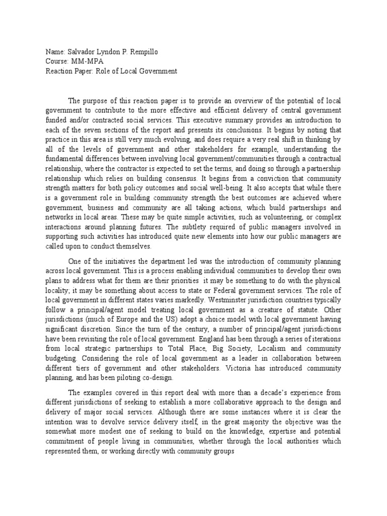 Reaction Paper Role Local Government | PDF | Community | Business