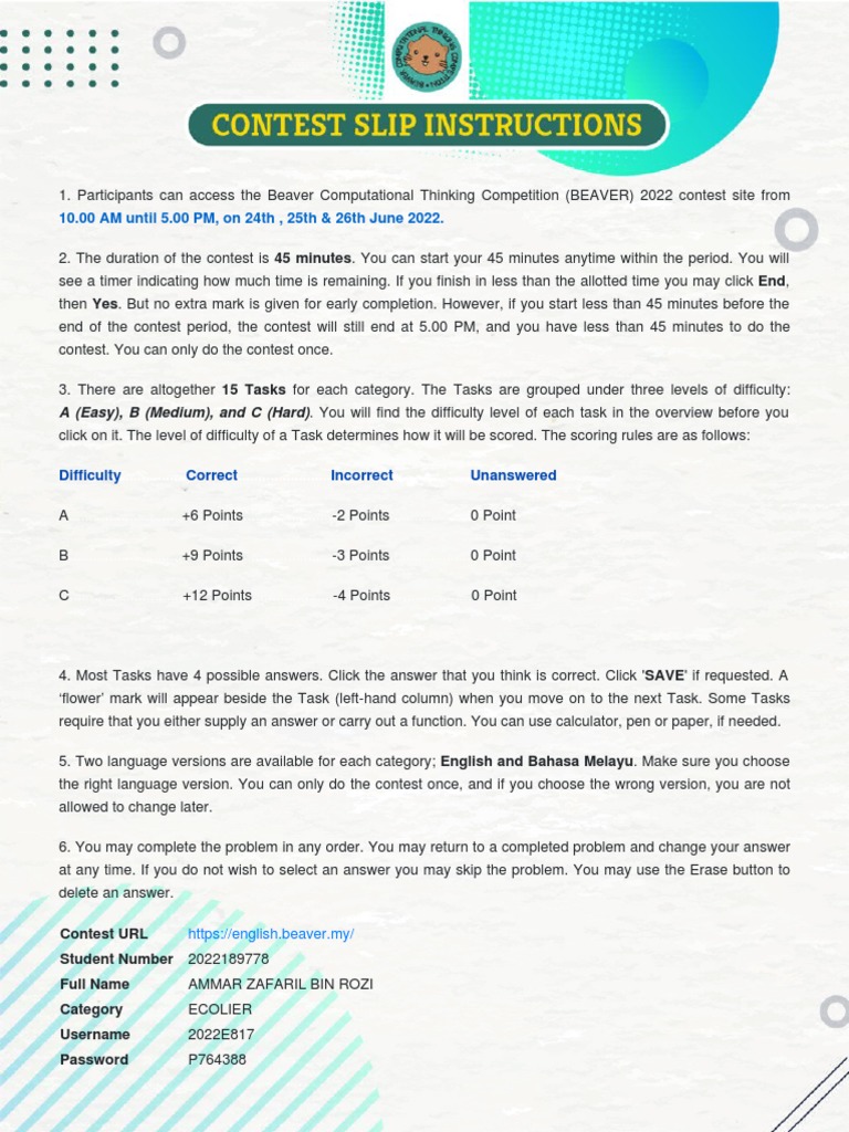 Access the Beaver Computational Thinking Competition 2022 contest site ...