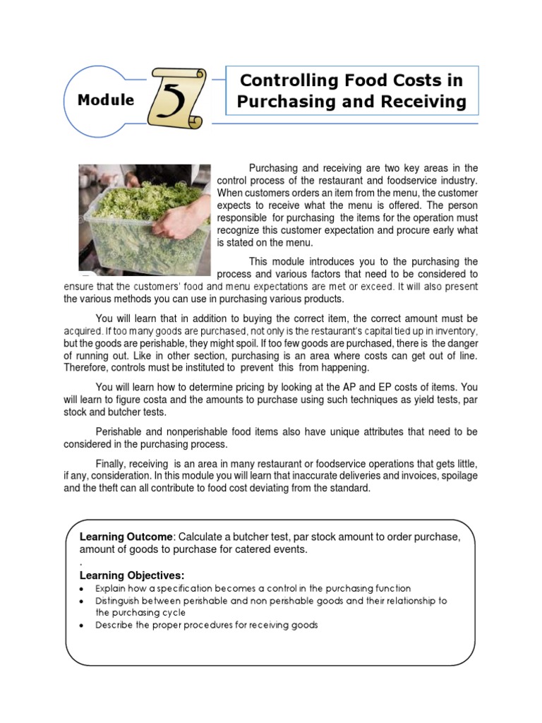 Module 5 Controlling Food Costs in Purchasing and Receiving | PDF ...