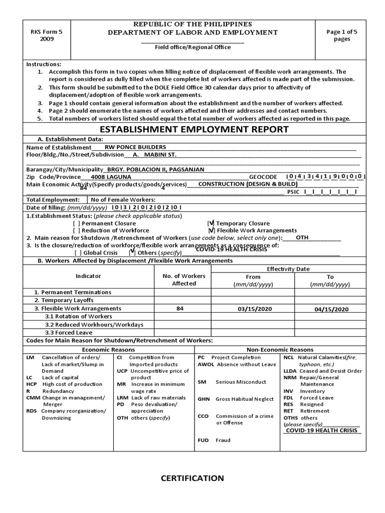 RKS Form 5: Job Displacement Report | PDF | Layoff | Unemployment