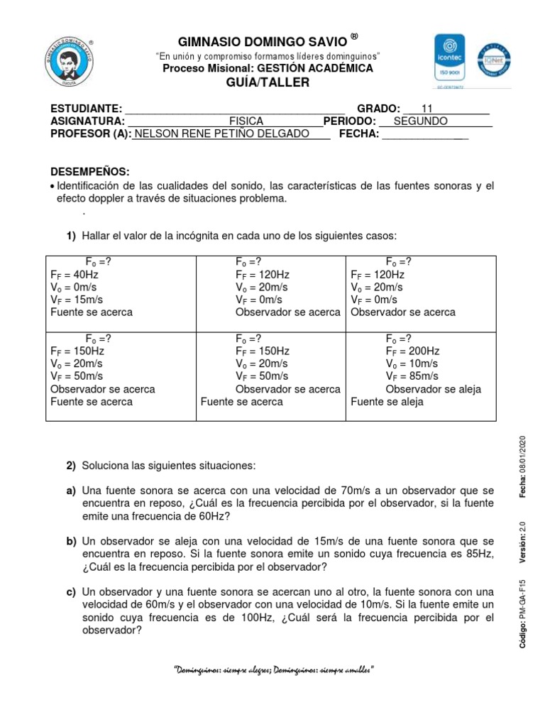Guia Tubos-Efecto Dooppler Fis 11 2020 | PDF | Efecto Doppler | Sonido