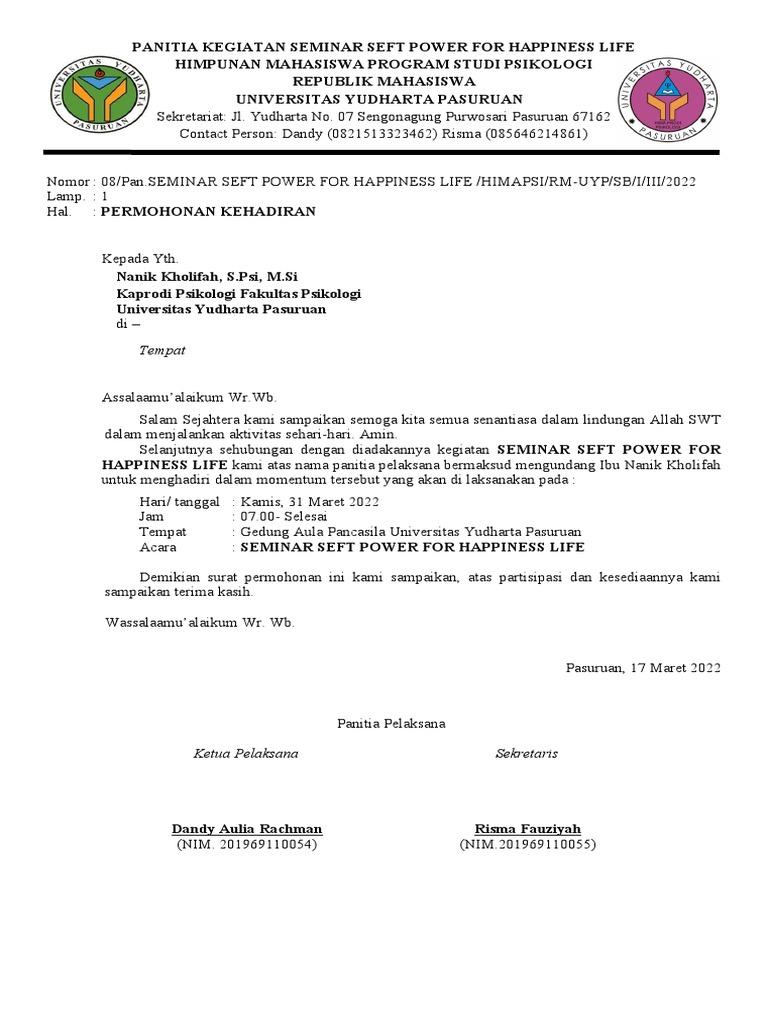 08 Surat PERMOHONAN Kehadiran Bu Nanik | PDF