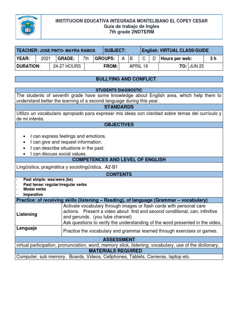 Guia de Trabajo de Ingles 7th Grade 2 Term | PDF | Verbo | Semántica