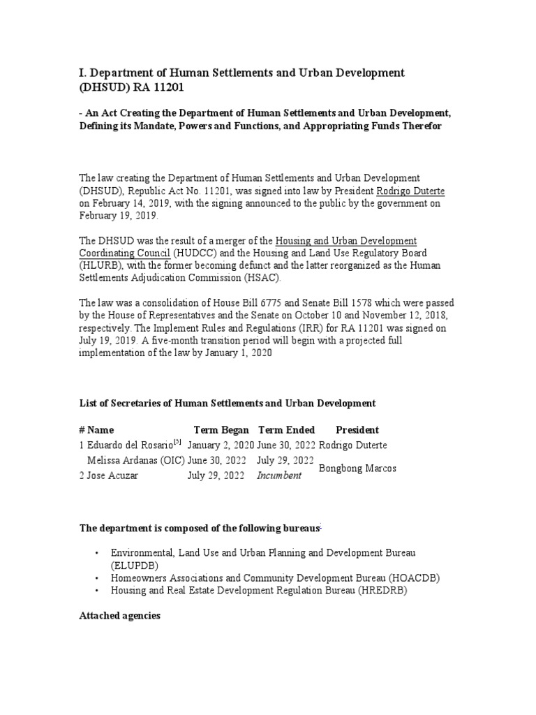 RA 11201 creates DHSUD through merger of HUDCC and HLURB | PDF ...