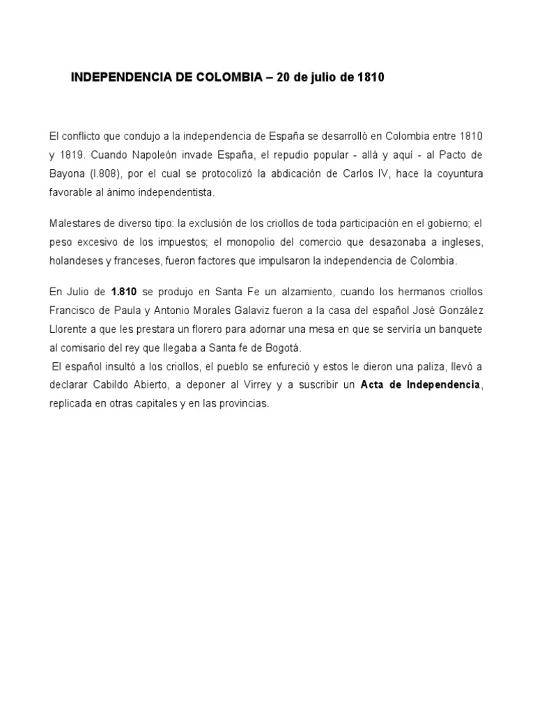 Independencia de Colombia Resumen | PDF | America latina | América del Sur