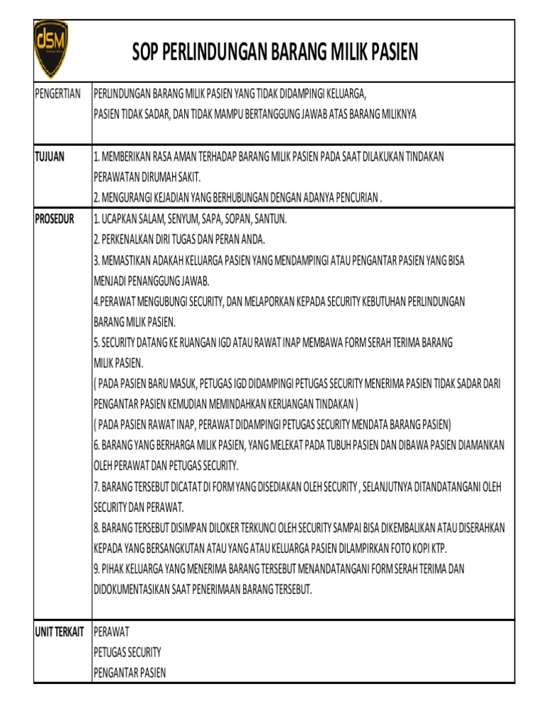 Sop Perlindungan Barang Milik Pasien | PDF