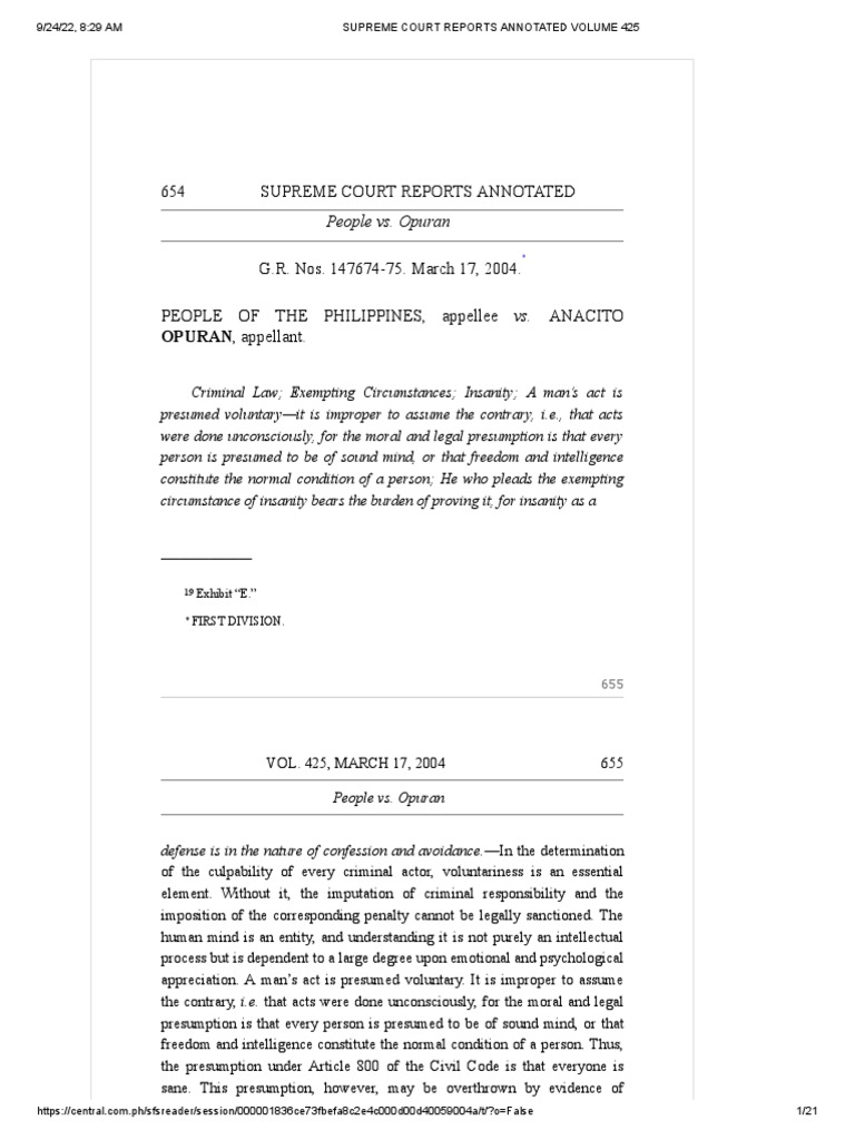 People v. Anacito Opuran GR No. 147674-75 | PDF | Insanity Defense ...