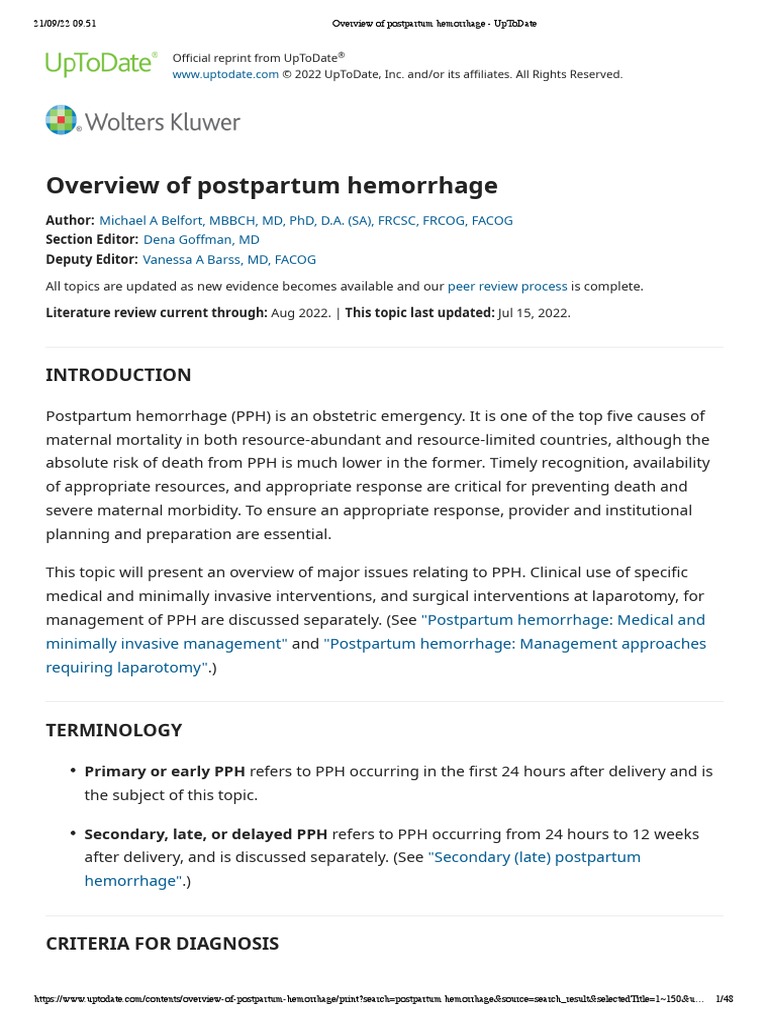 Overview of Postpartum Hemorrhage - UpToDate | PDF | Bleeding | Childbirth