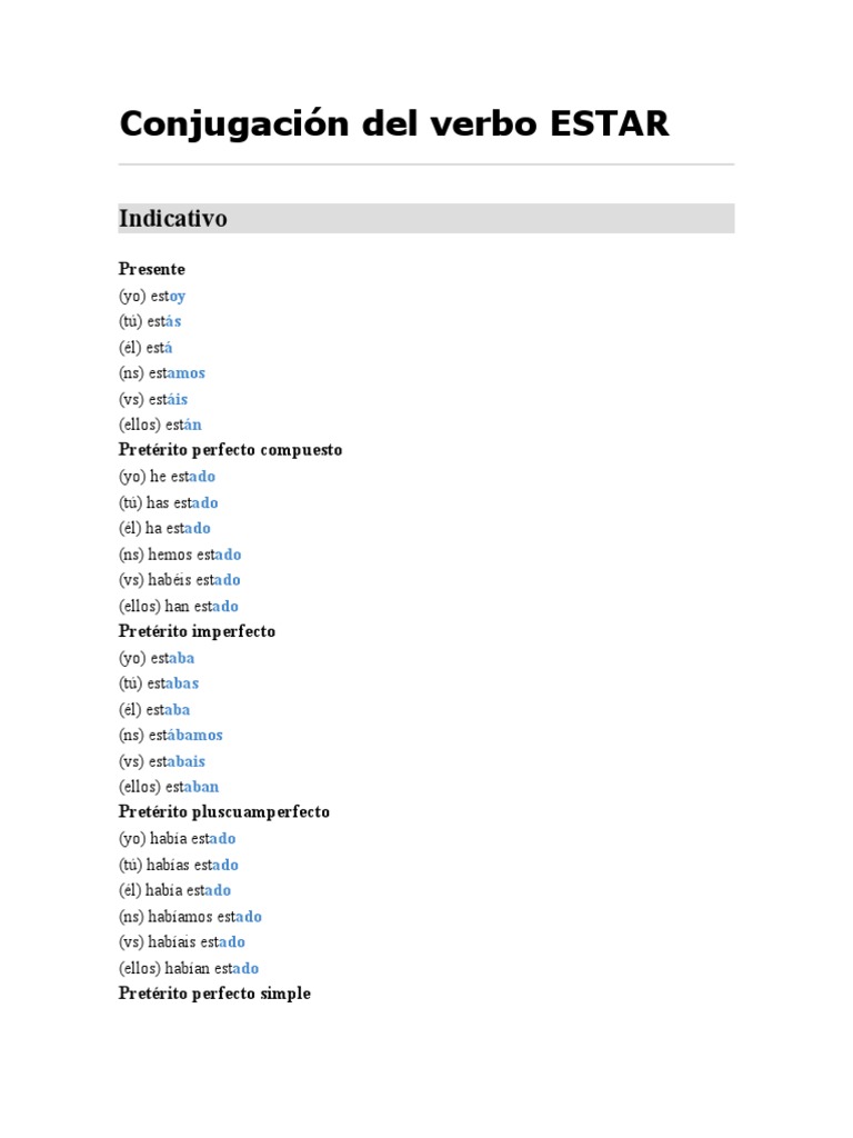 Conjugación Del Verbo Estar | PDF | Relaciones sintácticas ...