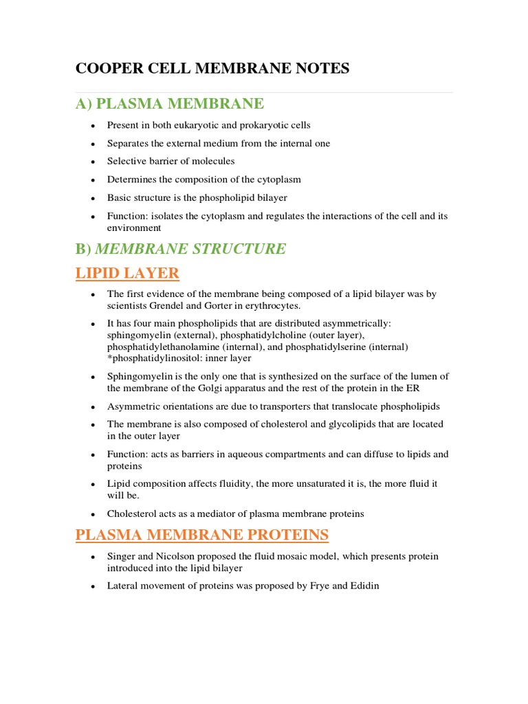 COOPER CELL MEMBRANE NOTES | PDF | Cell Membrane | Lipid Bilayer