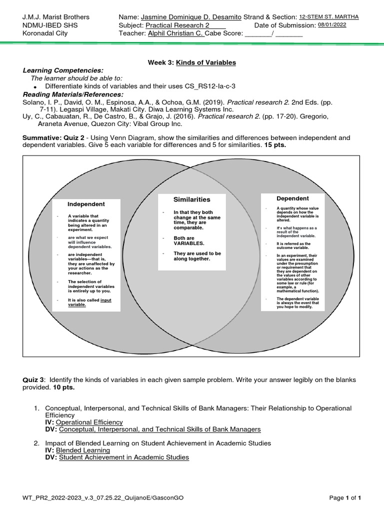 PR2 Worktext Weeks 3-Desamito | PDF | Dependent And Independent Variables | Behavior Modification