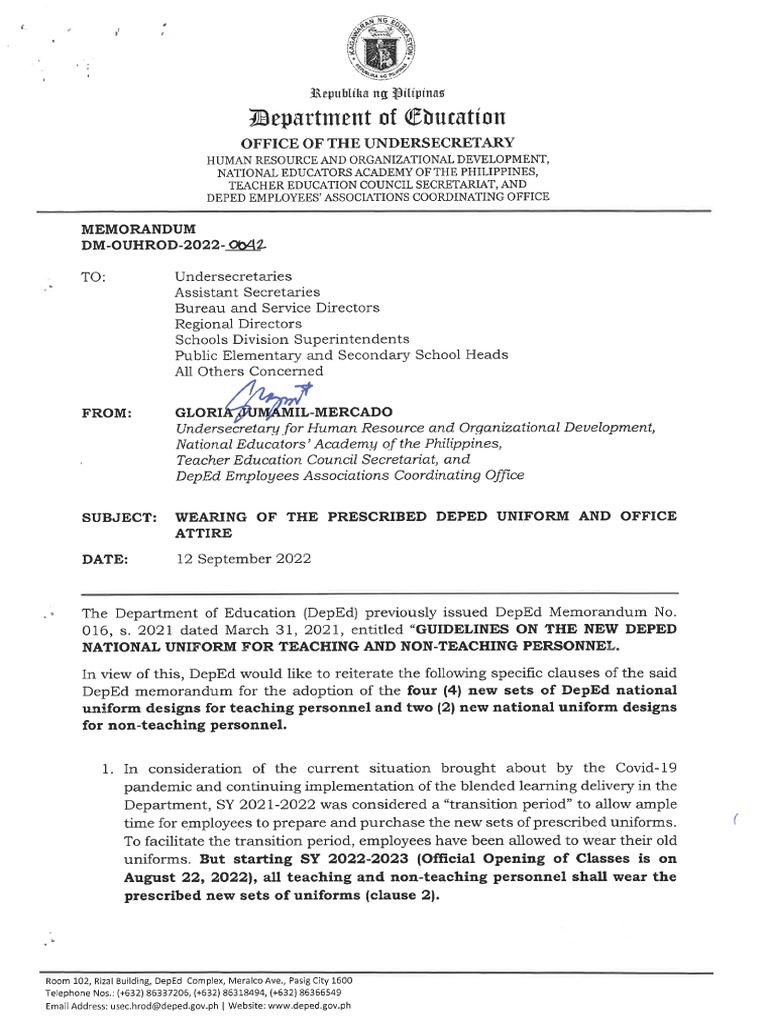 DM OUHROD 2022 0042 Wearing of The Prescribed DepEd Uniform and Office ...