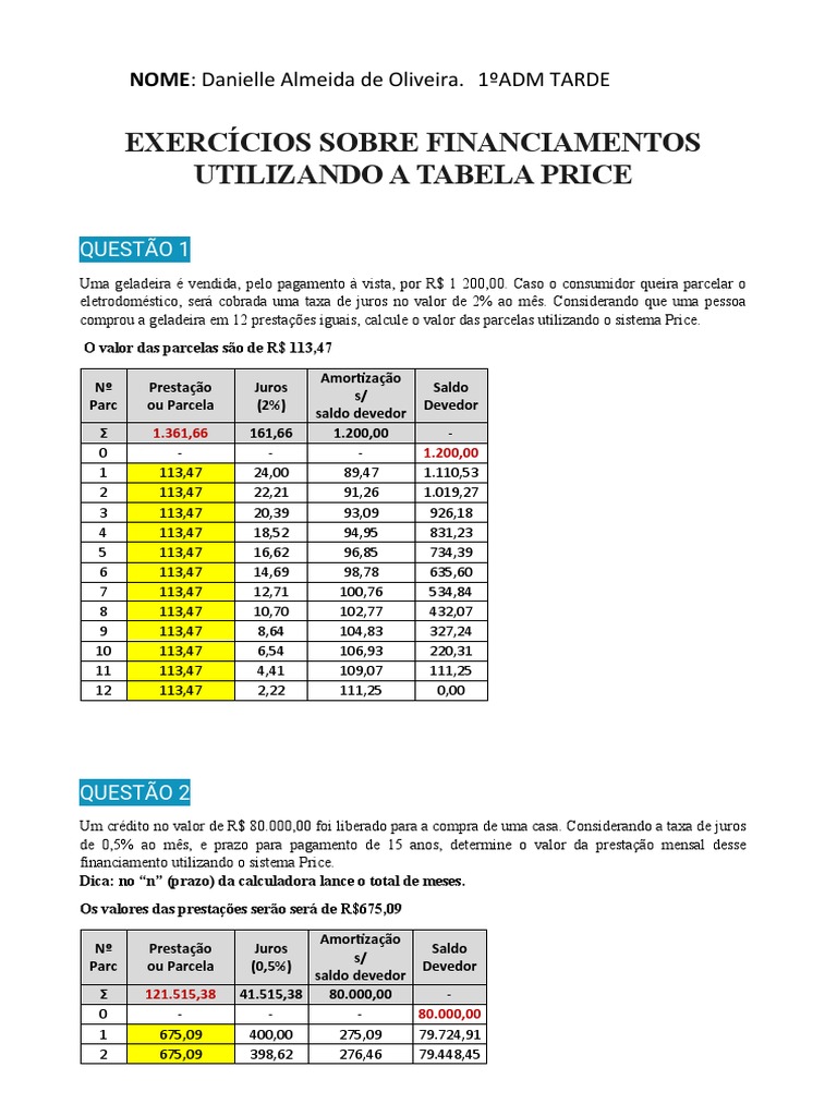 Financiamentos utilizando o sistema Price: exercícios sobre cálculo de ...