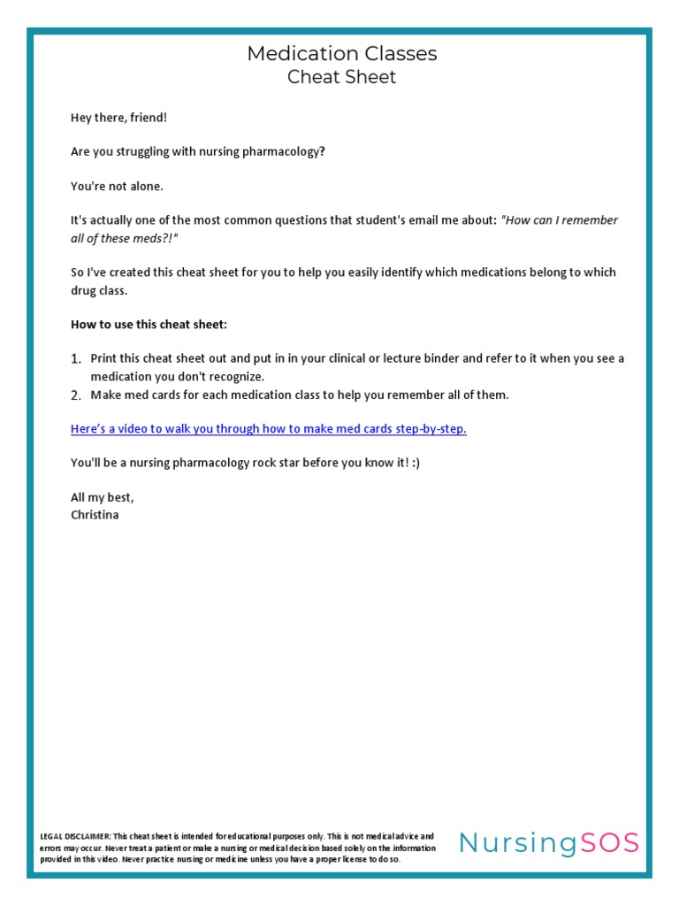 Medication Classes Cheat Sheet | Download Free PDF | Health Sciences ...