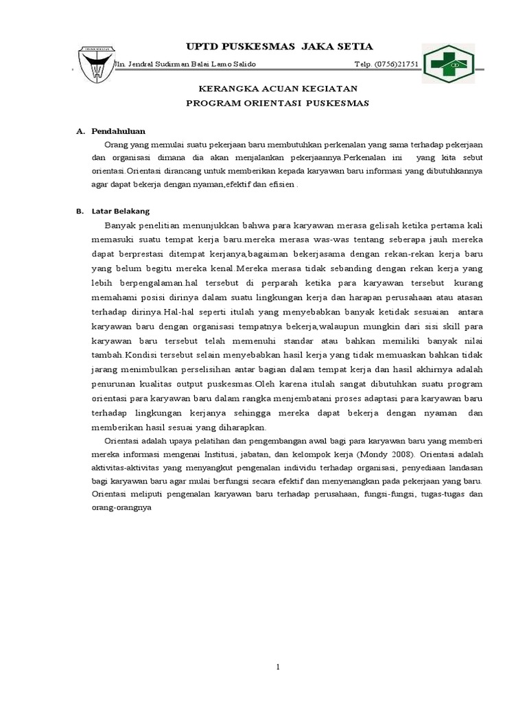 Akreditasi Jakasetia KAK Program Orientasi Puskesmas Jakasetia | PDF