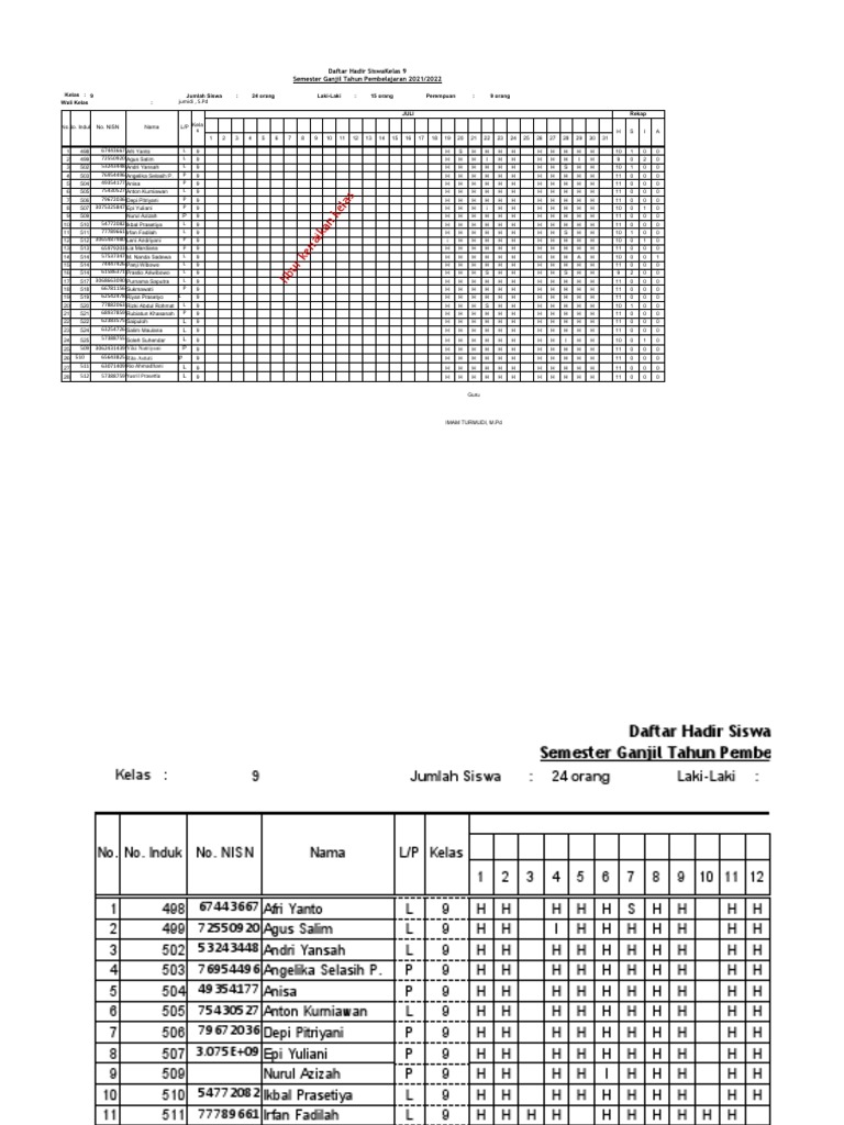 Contoh Absensi Siswa Rekap Otomatis Semester Ganjil | PDF
