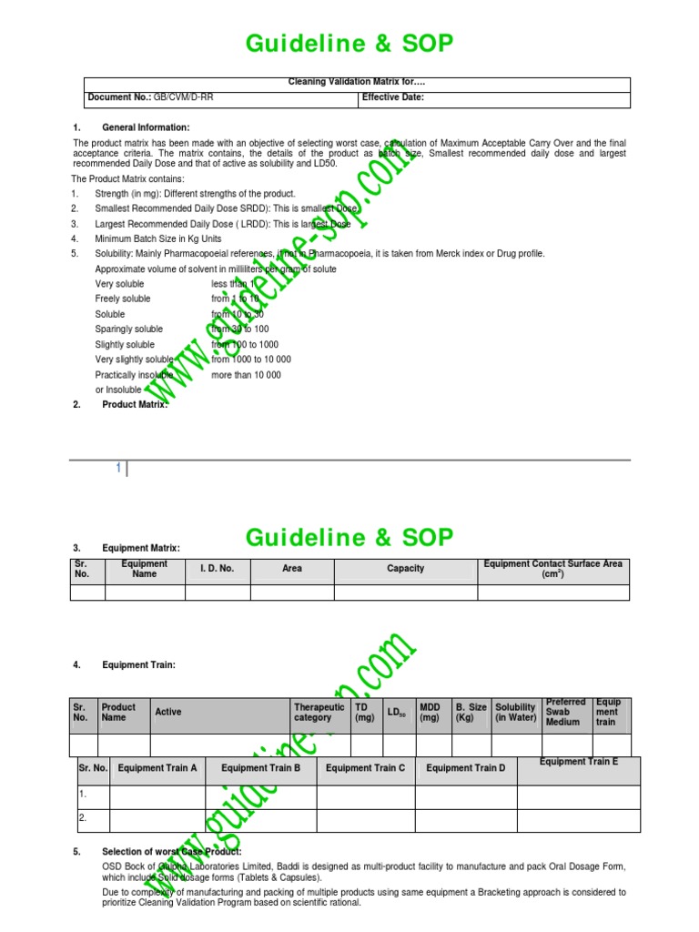 Cleaning Validation Matrix | PDF | Solubility | Dose (Biochemistry)