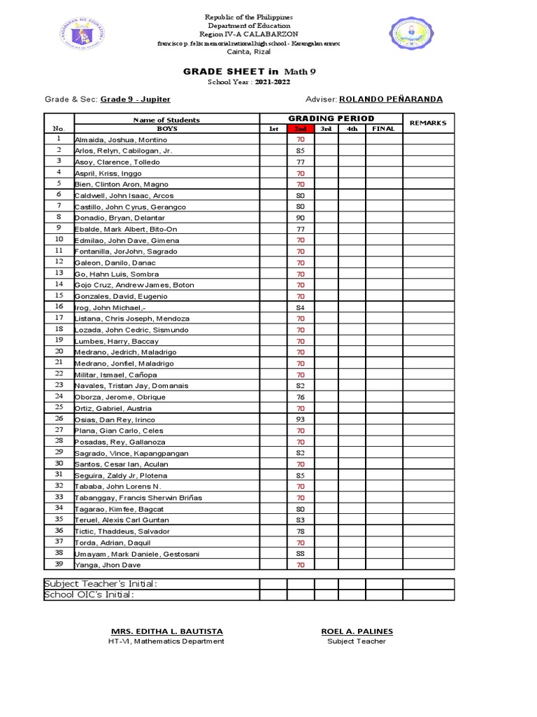 G9 Jupiter Grading Sheet | PDF