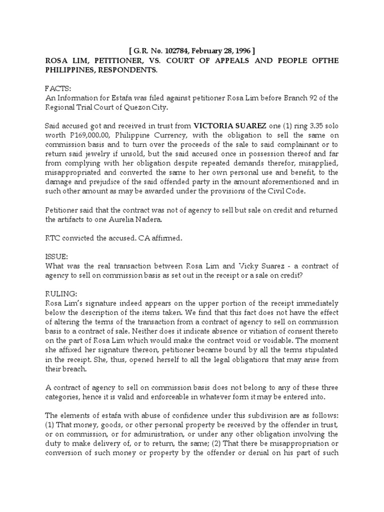 Legal Cases on Agency and Estafa | PDF | Law Of Agency | Estoppel