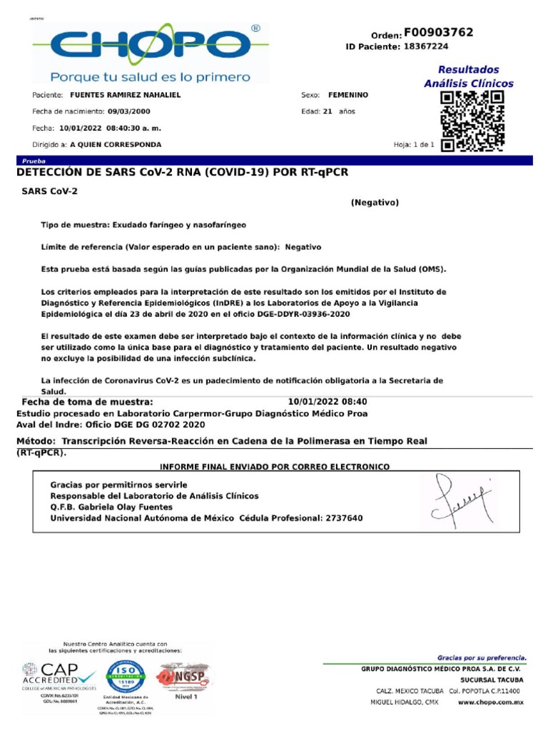 Prueba Covid Chopo | PDF