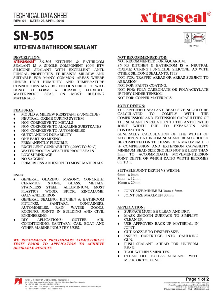 5513822923TDS - SN-505 Kitchen & Bathroom Sealant | PDF | Silicone ...