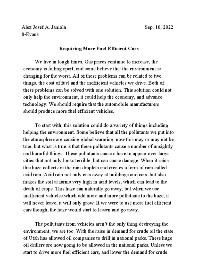 Persuasive Essay For Grade 8 | PDF | Fuel Economy In Automobiles | Car