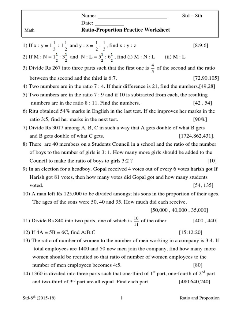Ratio and Proportion Practice Worksheet2 | PDF | Ratio | Metrology